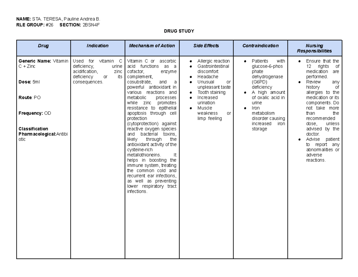 DRUG STUDY NOTES - 2BSN4F PHARMACOLOGY KEY MEDICATIONS - Studocu