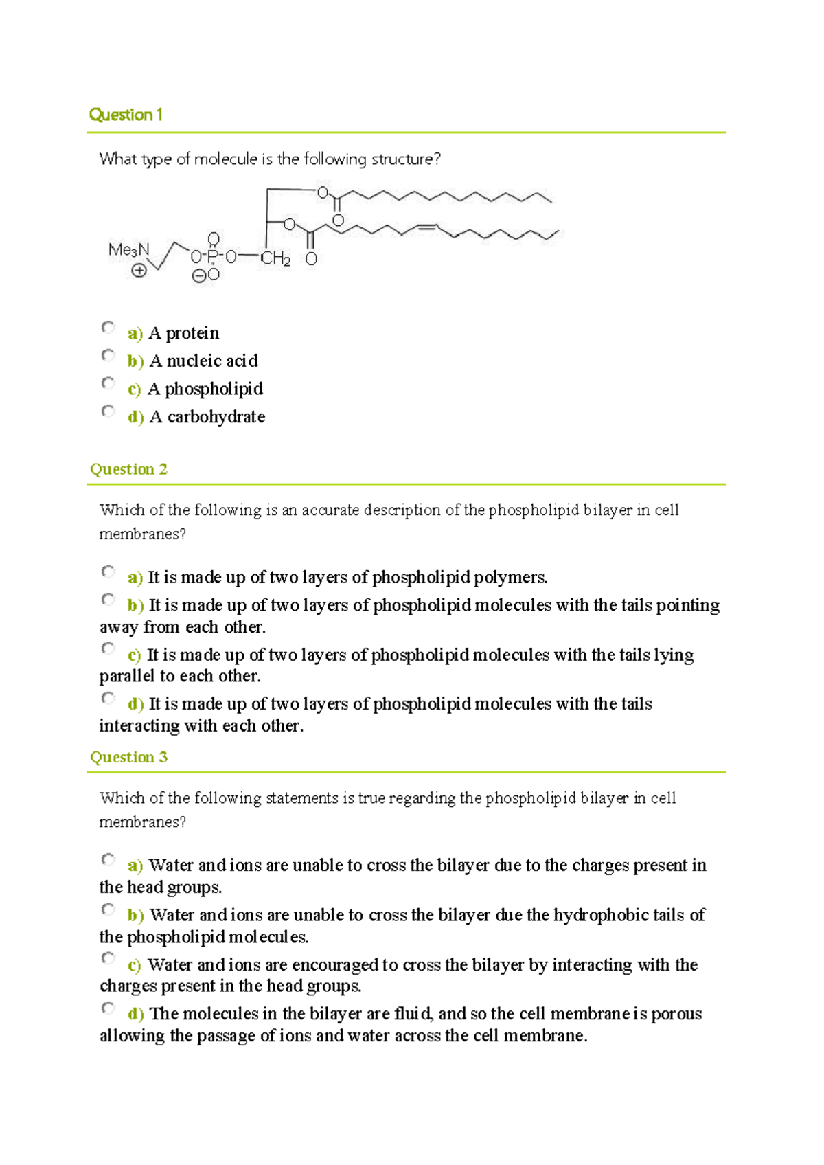 Quiz - Tutorial Practice Test on Cell Membranes and Molecules - Studocu