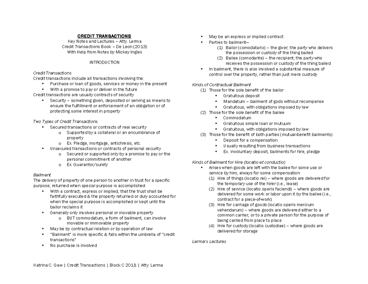 CREDIT TRANSACTIONS REVIEWER - CASES & CONCEPTS (LAW 101) - Studocu