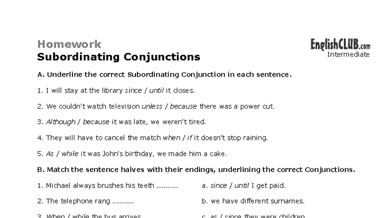 Intermediate A Homework on Subordinating Conjunctions - Studeersnel