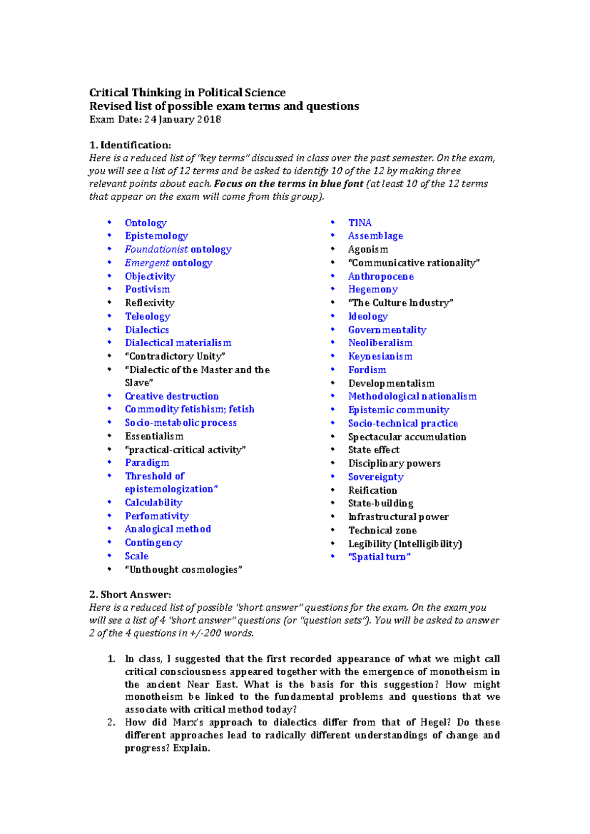 Critical Thinking in Political Science: Revised Exam Terms & Questions ...