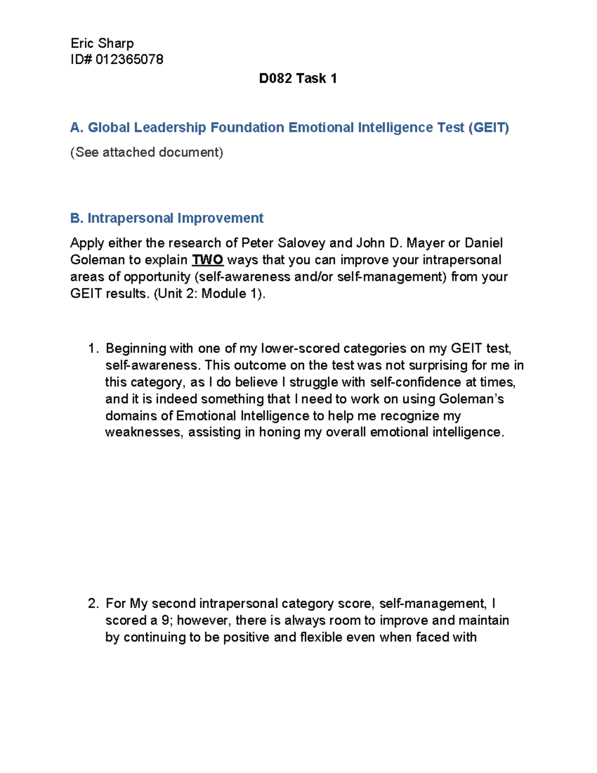 D082 Task 1 Passed - Eric Sharp ID# 012365078 D082 Task 1 A. Global ...