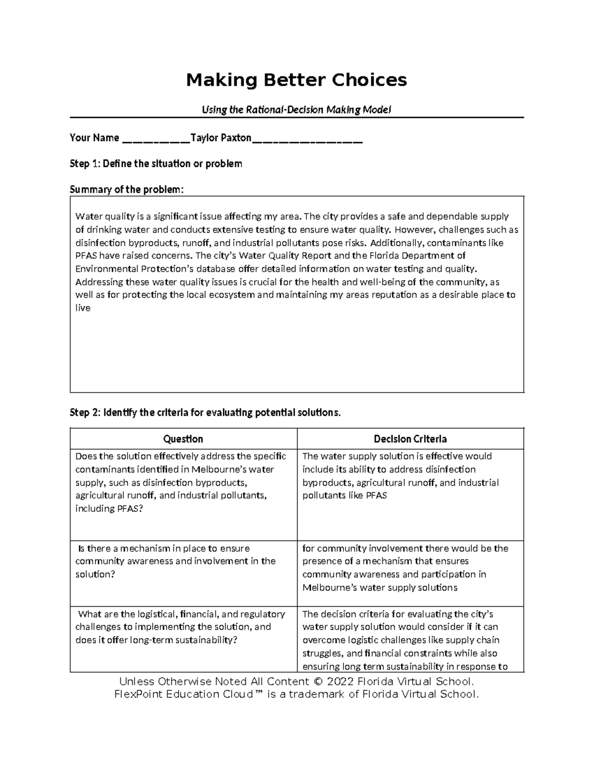 Making Better Choices Assignment: Water Quality Solutions - Studocu