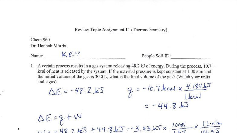 Review Topic 11 Key (Thermochemistry) Chem 960 - Studocu
