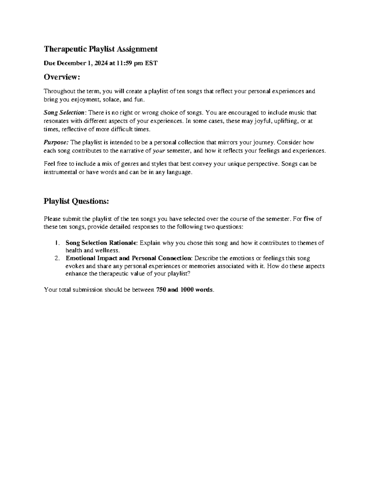 Therapeutic Playlist Assignment Overview - Final Submission - Studocu
