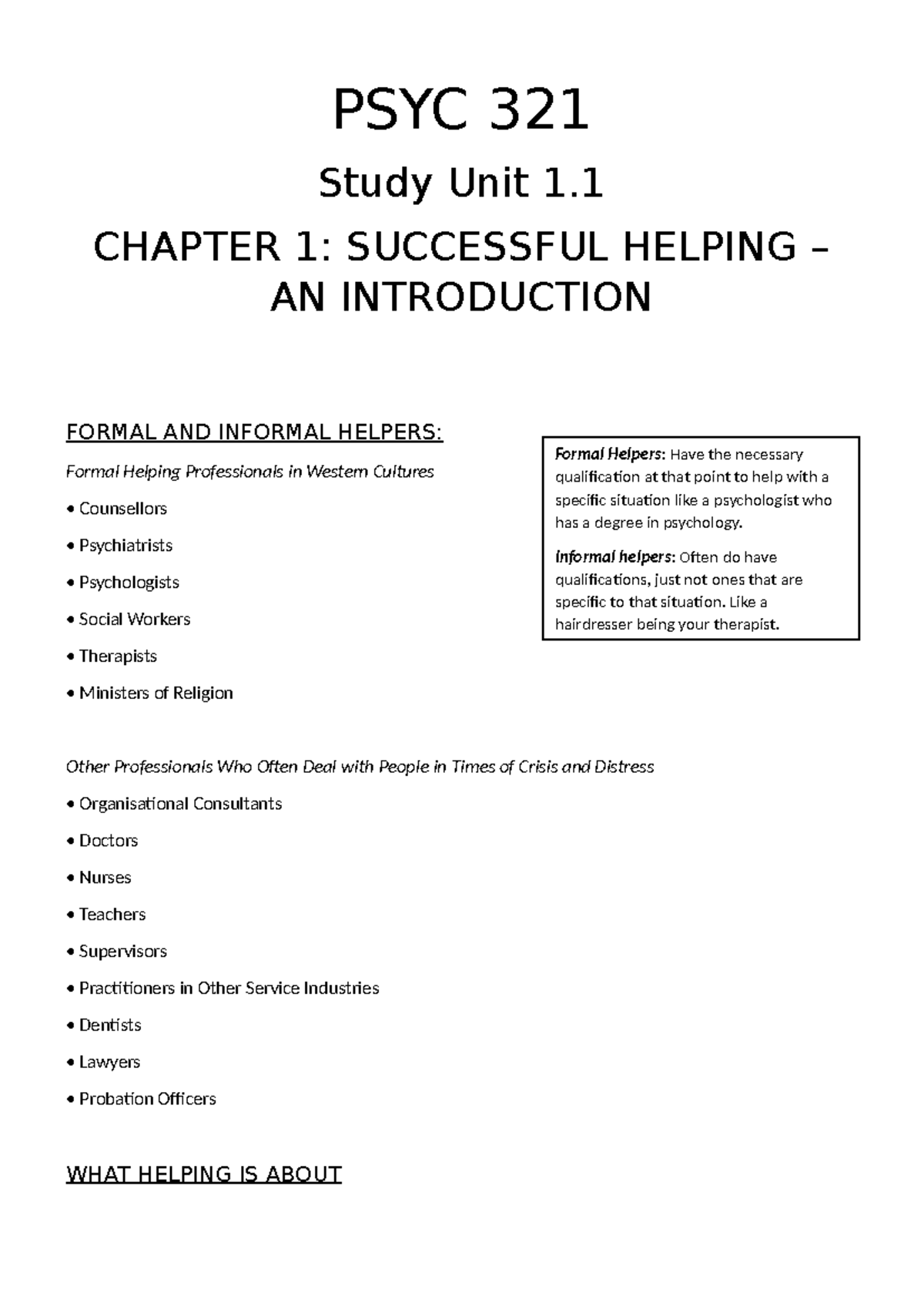 PSYC 321 SU 1 - Study Unit 1: Successful Helping Overview - Studocu