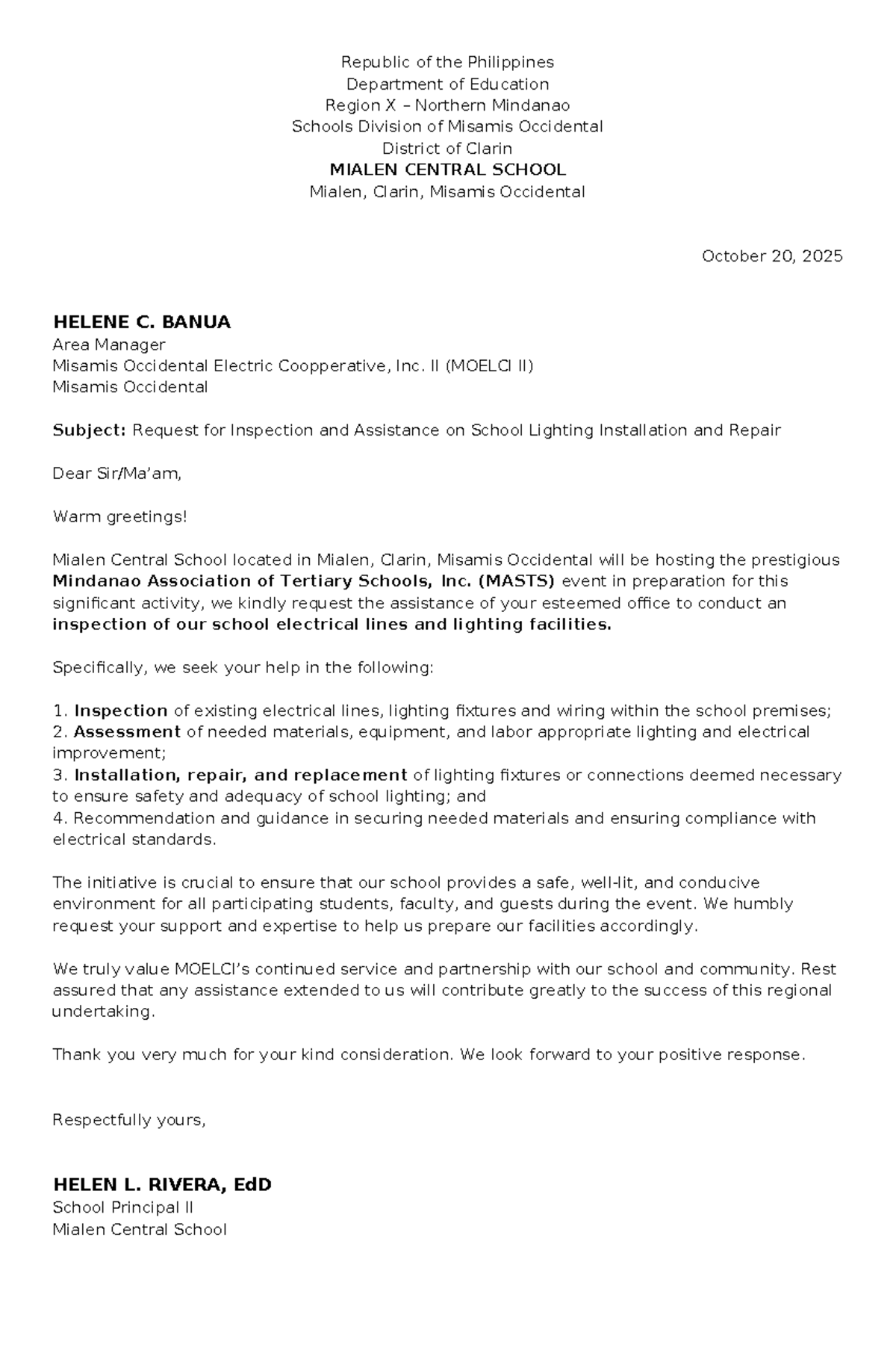 MOELCI II - Request for School Lighting Inspection and Assistance - Studocu