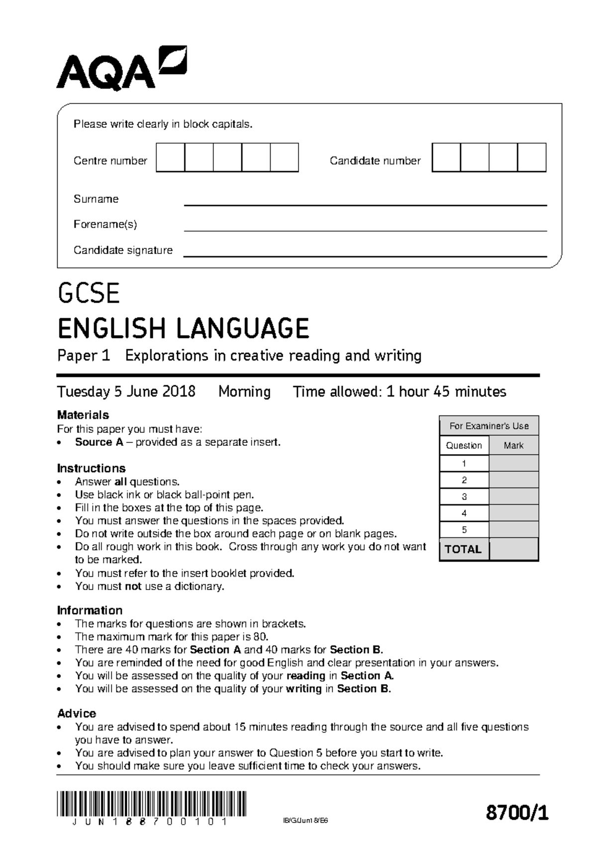 AQA GCSE English Language Paper 1 June 2018 Exam Questions - Studocu