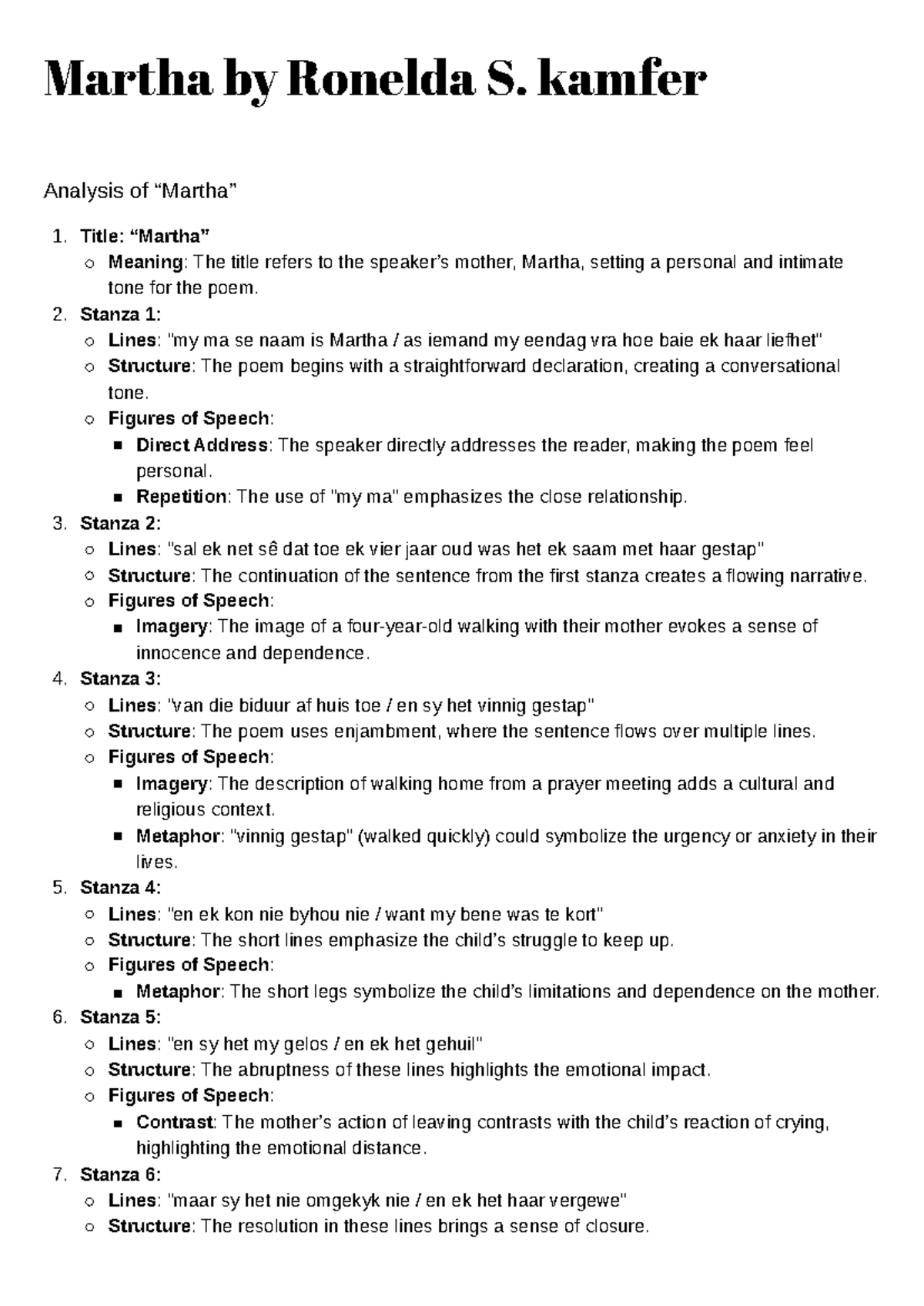 Martha by Ronelda S. Kamfer: Poem Analysis and Themes - Studocu