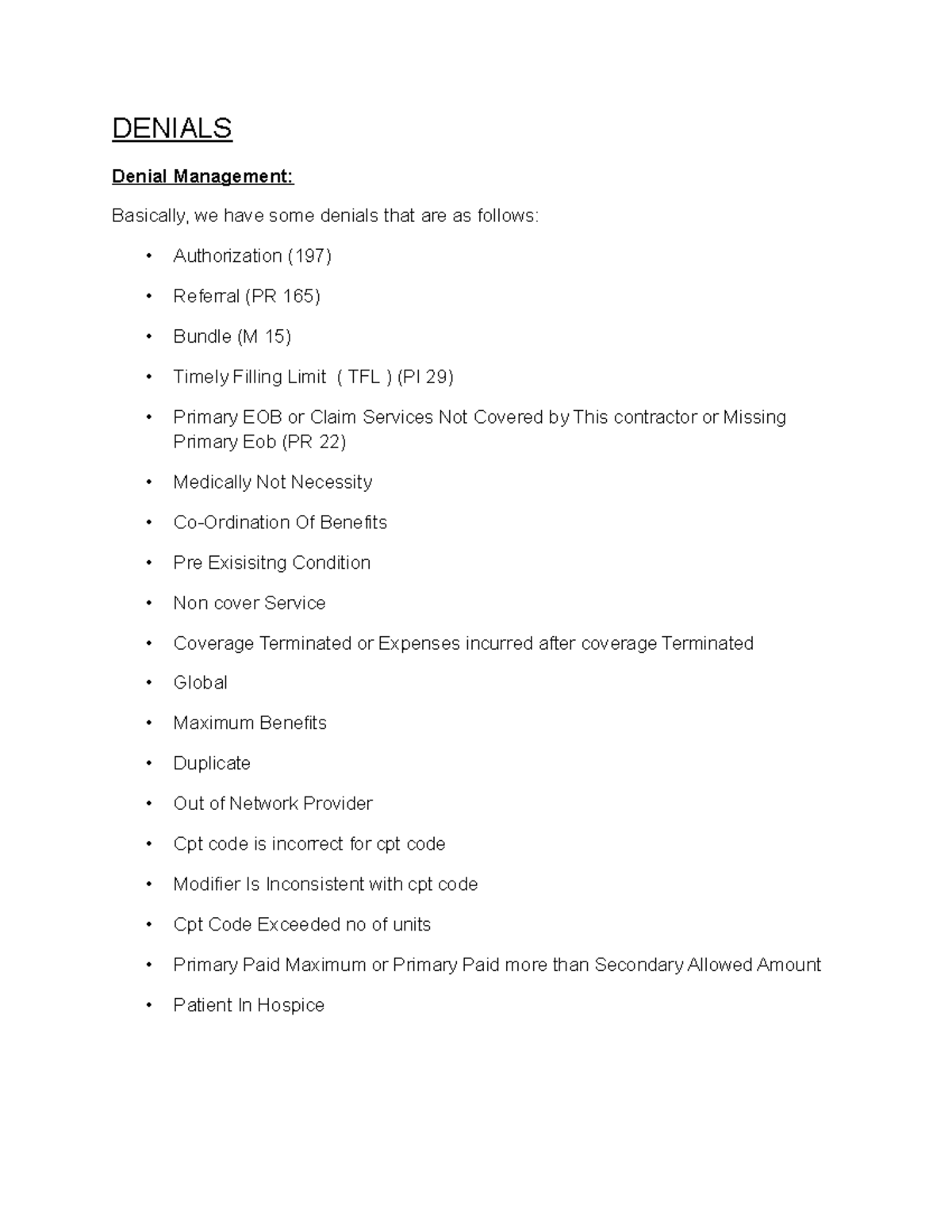 Denials Management Overview - AR Denial Codes and Insights - Studocu