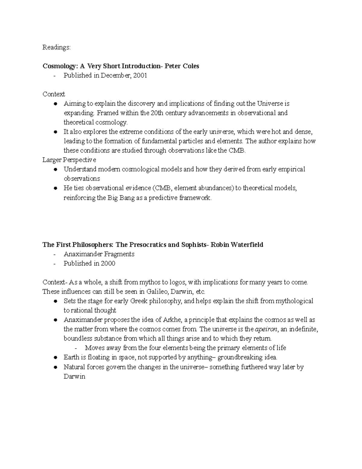Humans and the Cosmos Midterm 1 Study Guide - Readings: Cosmology: A ...