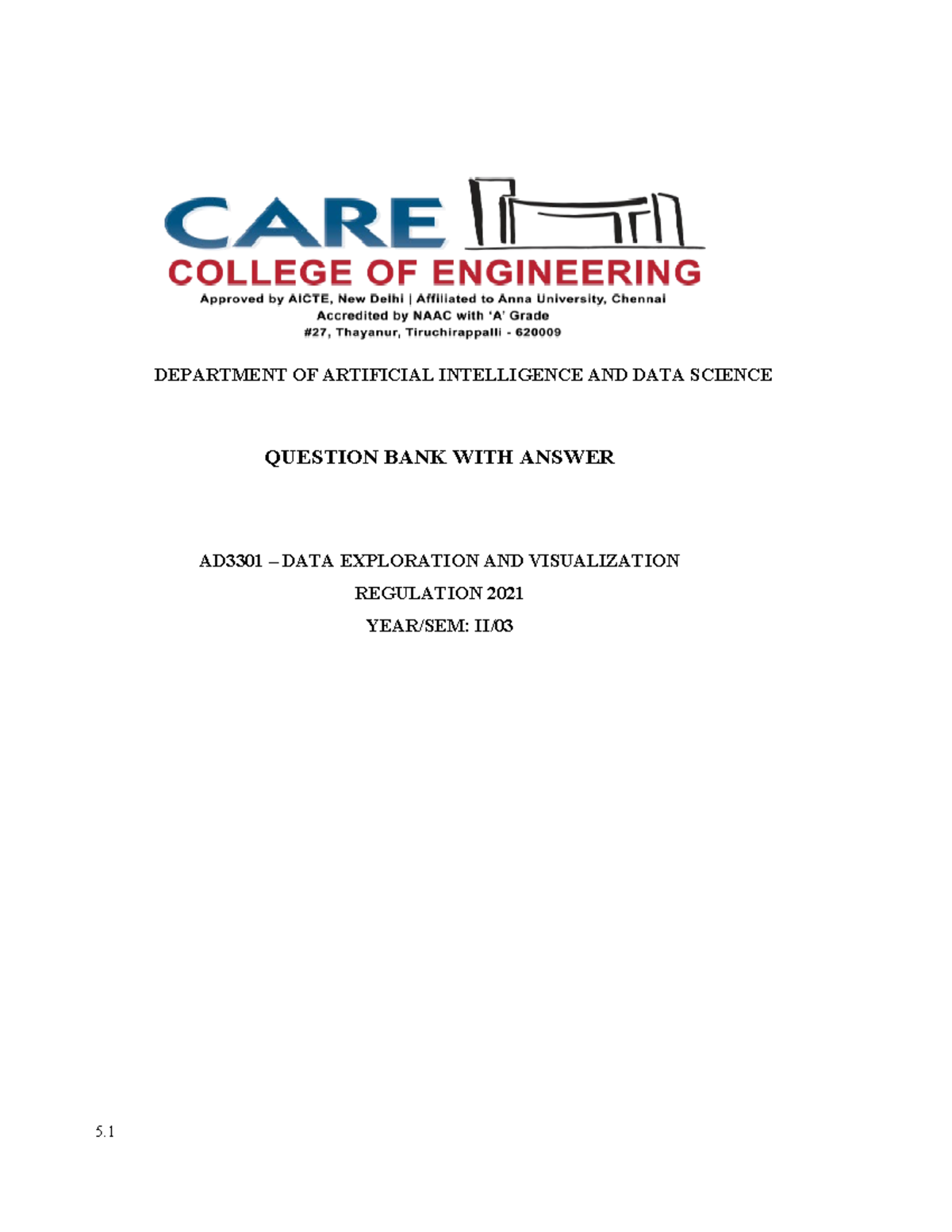 AD 3301 Question BANK WITH Answer Print - DEPARTMENT OF ARTIFICIAL ...