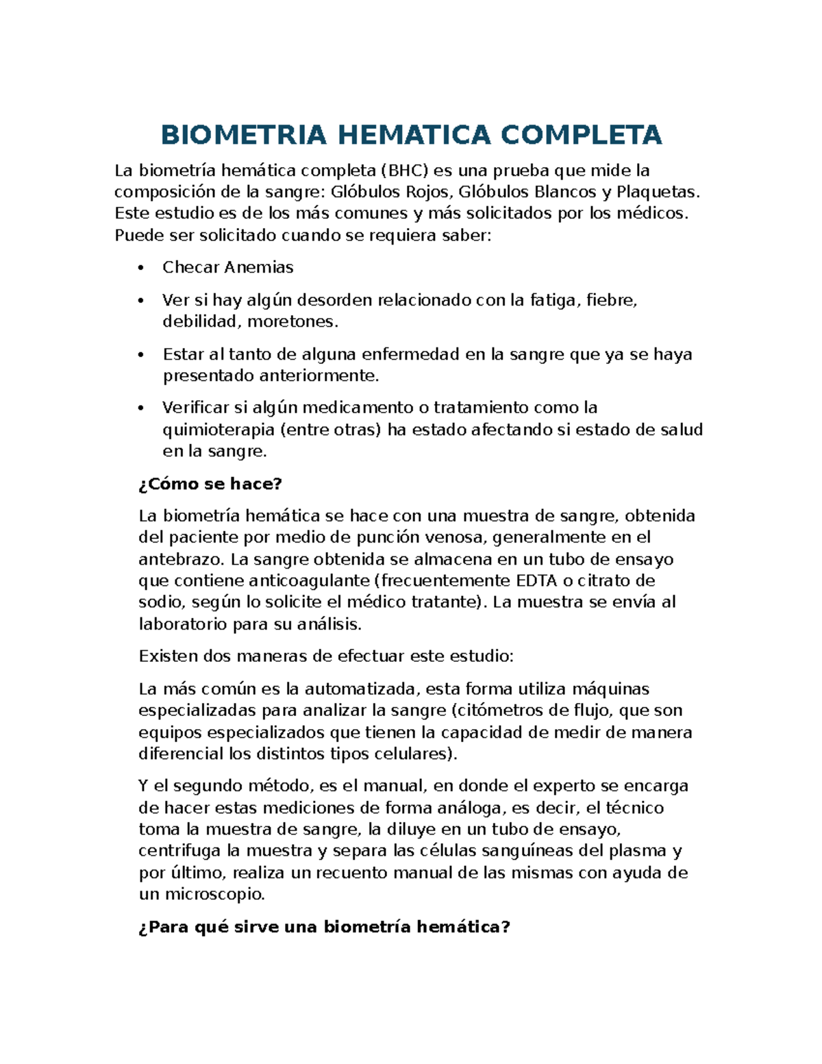 BIOMETRÍA HEMÁTICA COMPLETA: Análisis y Aplicaciones Clínicas - Studocu