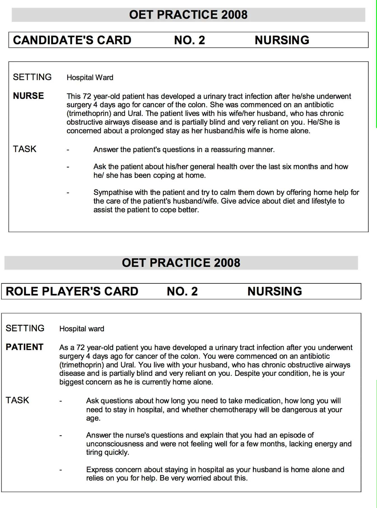 OET Speaking Practice: Nurse Role - Urinary Tract Infection - Studocu
