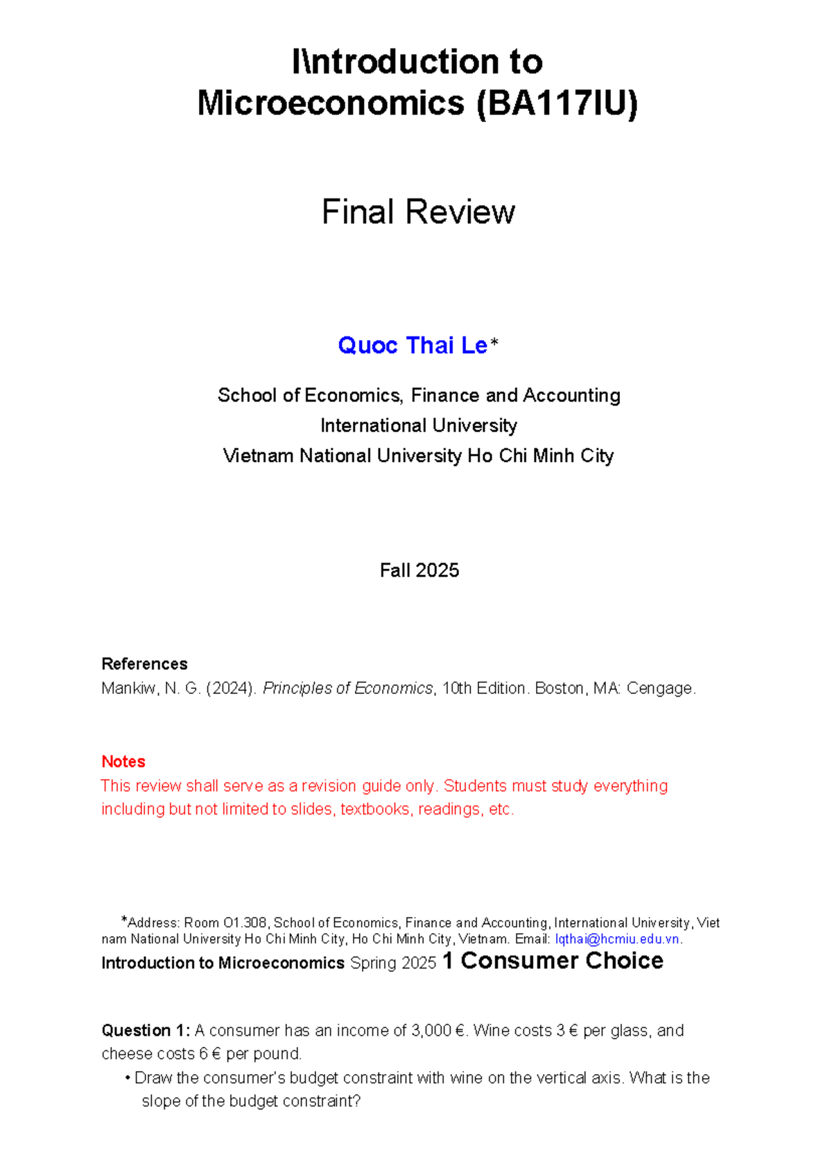 Microeconomics (BA117IU) Final Exam Review Guide - Fall 2025 - Studocu