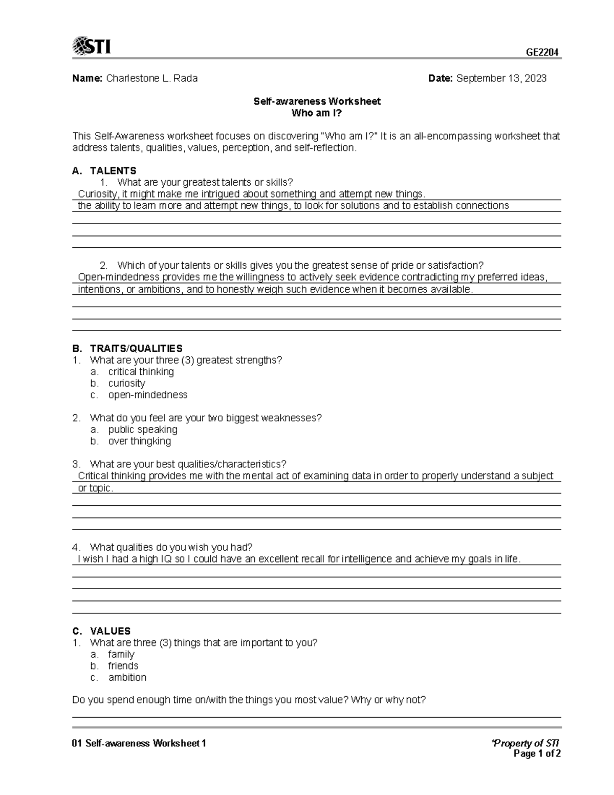 01 Self-awareness Worksheet 1 (GE) - Discovering Personal Talents ...