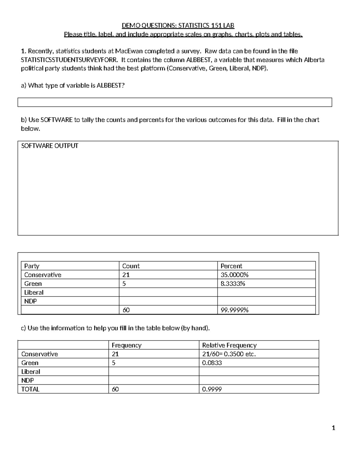 Demo Questions: STATISTICS 151 Lab - Data Analysis and Visualization - Studocu