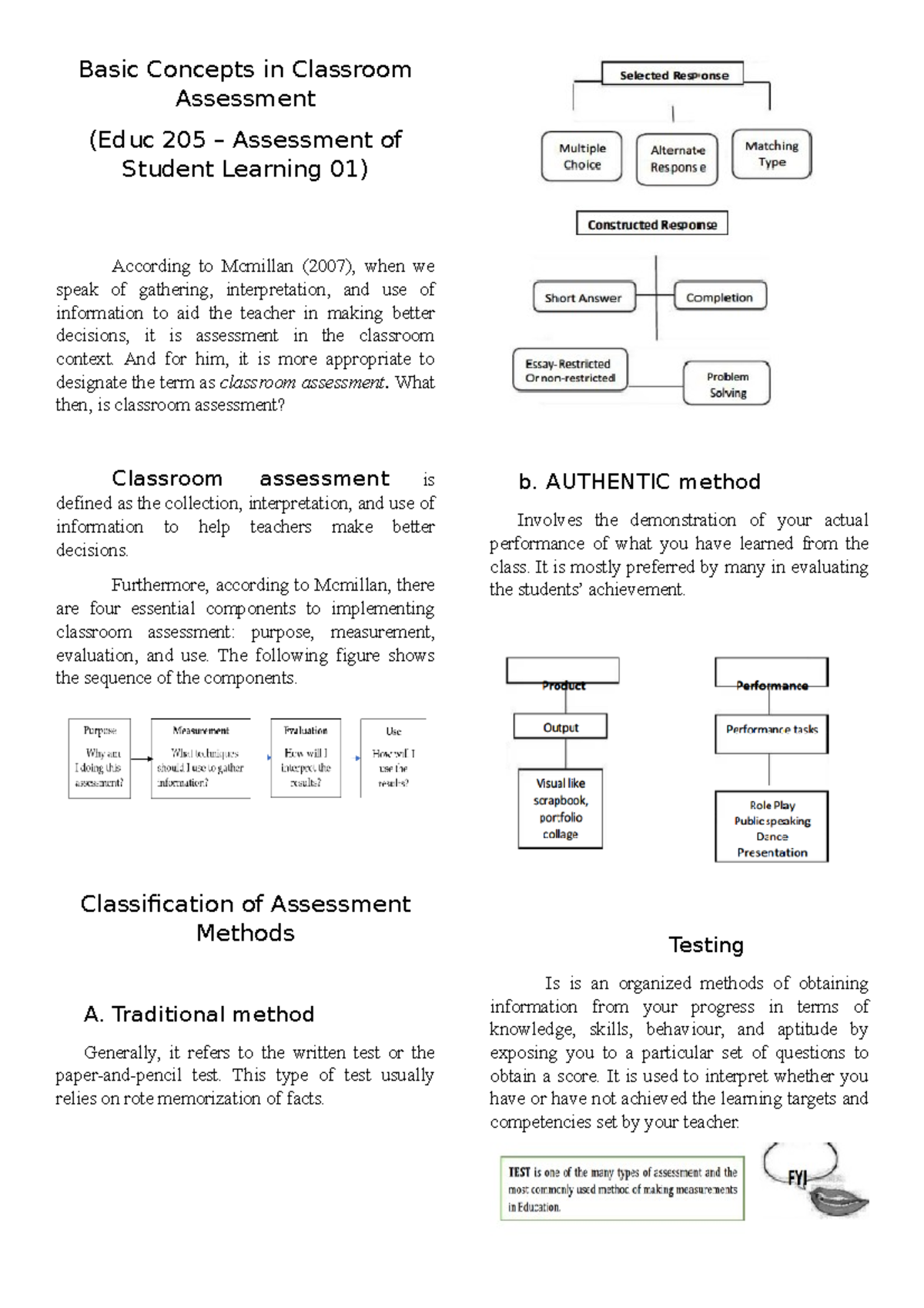 Lecture 1 - Key Principles of Classroom Assessment (Educ 205) - Studocu