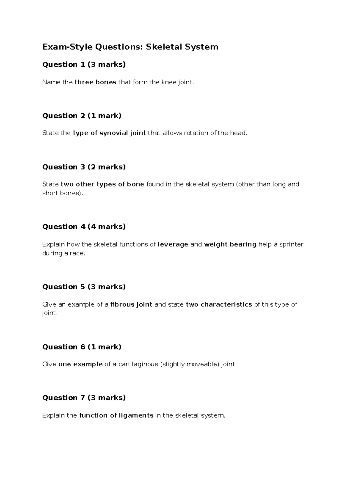 Unit 1: Skeletal System Questions & Analysis for Sports - Studocu