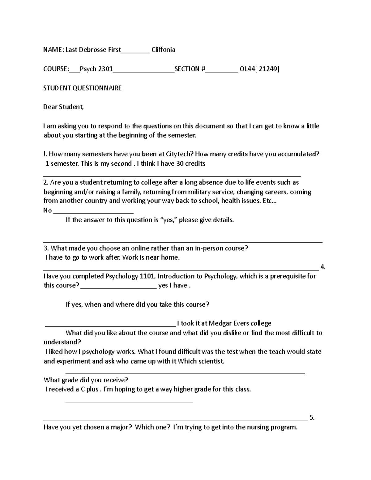 Child Psyc Homework 1: Student Questionnaire by Last Debrosse - Studocu