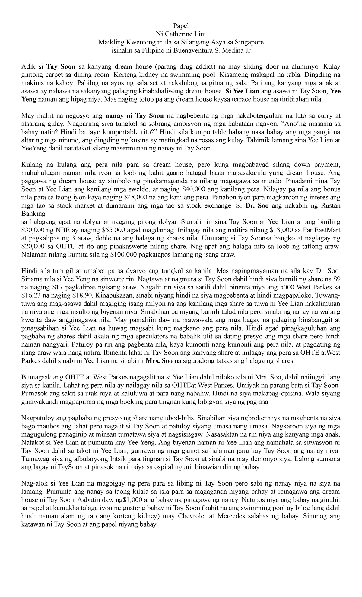Papel ni Catherine Lim - Maikling Kwento mula sa Singapore - Studocu
