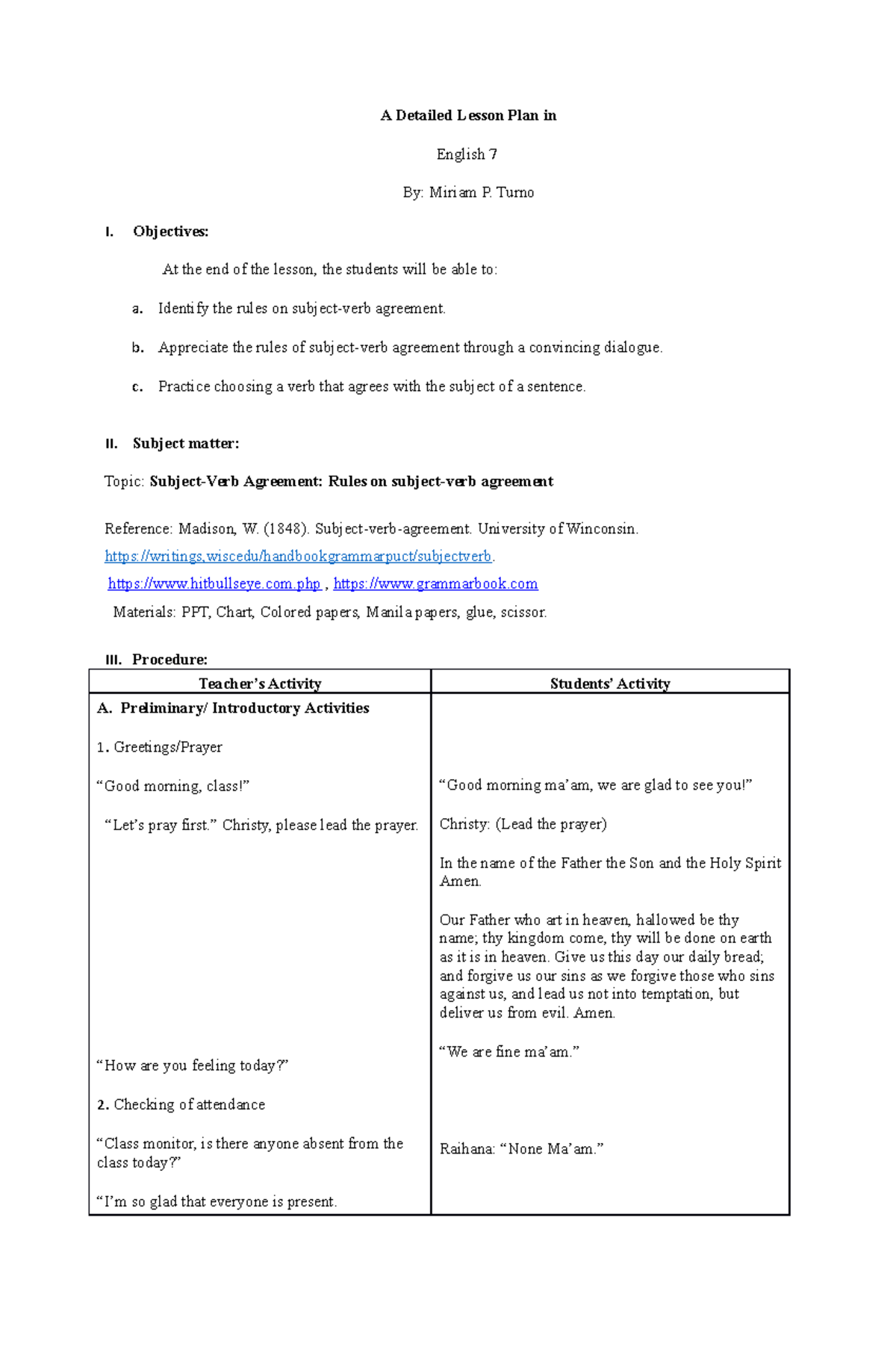 DLP: Subject-Verb Agreement in English 7 Lesson Plan - Studocu