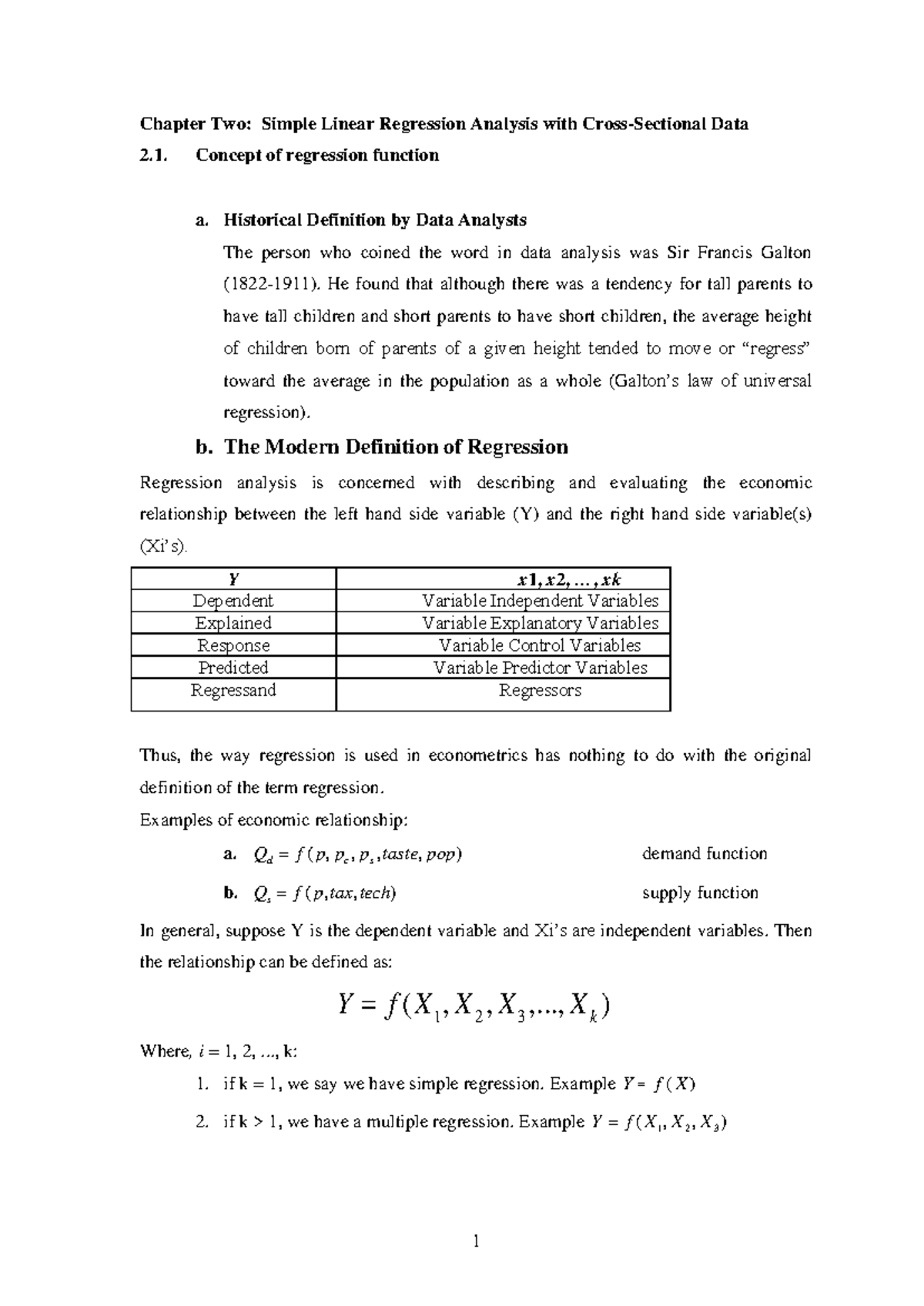 Chapter 2: Simple Linear Regression Analysis in Econometrics I - Studocu