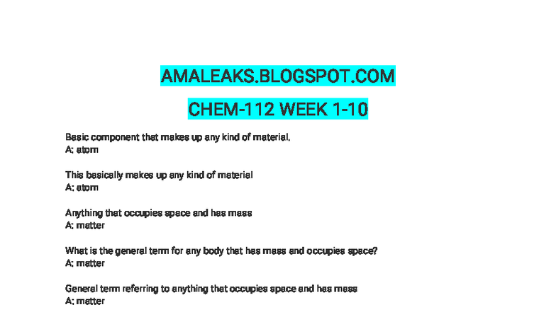 Chemistry 12 Week 1-10 Study Guide and Notes - Studocu