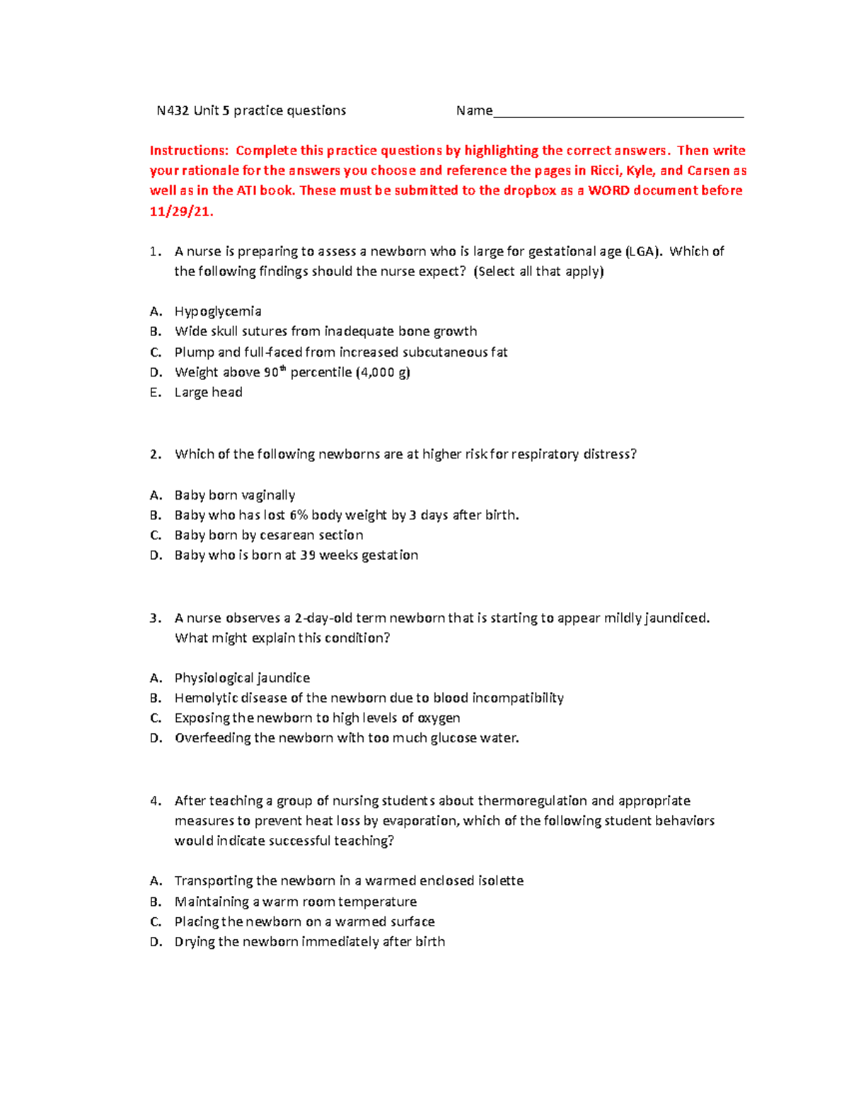 N432 Unit 5: Comprehensive Practice Questions and Rationale - Studocu