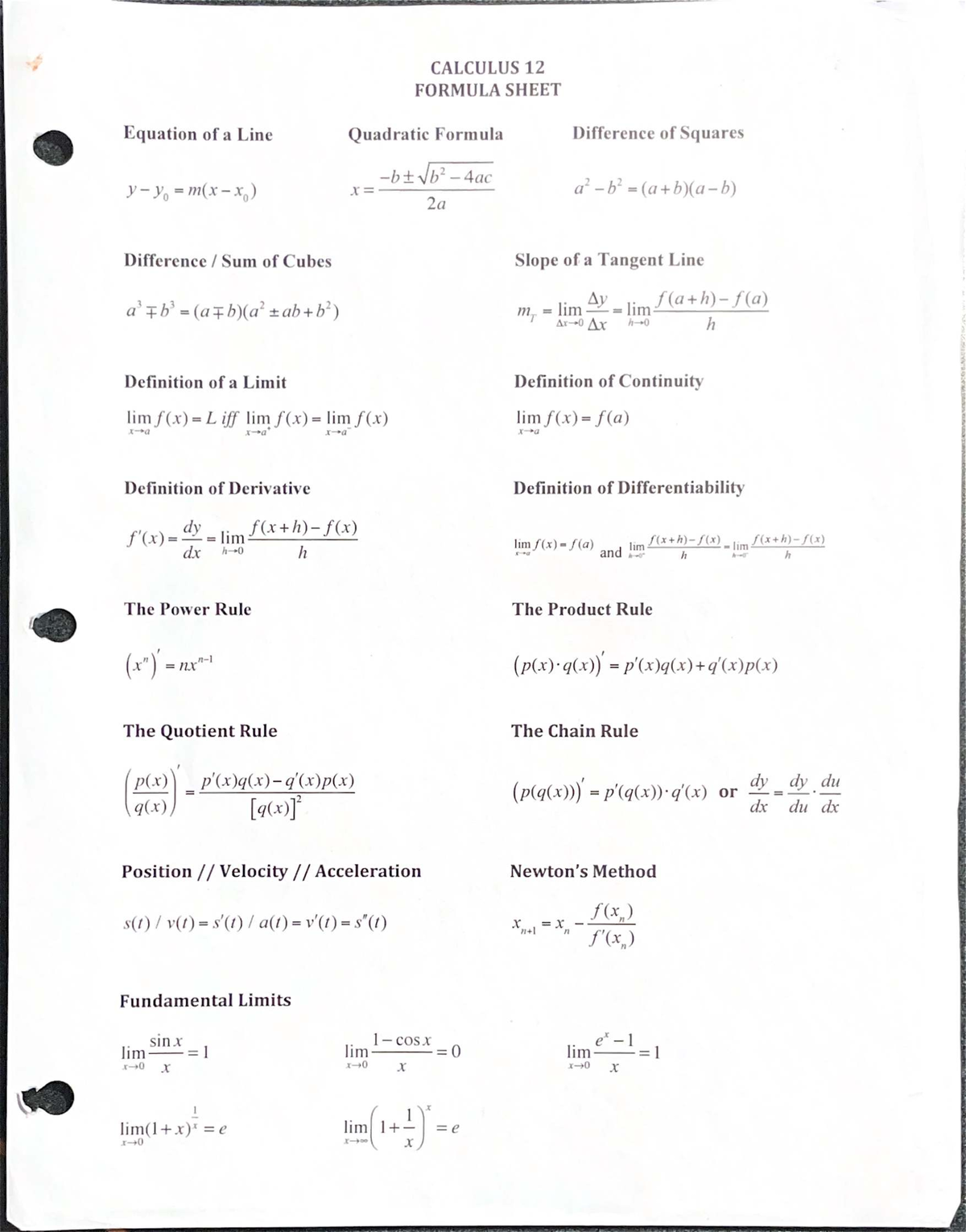 CALCULUS 12 FORMULA SHEET: Key Concepts & Equations Overview - Studocu