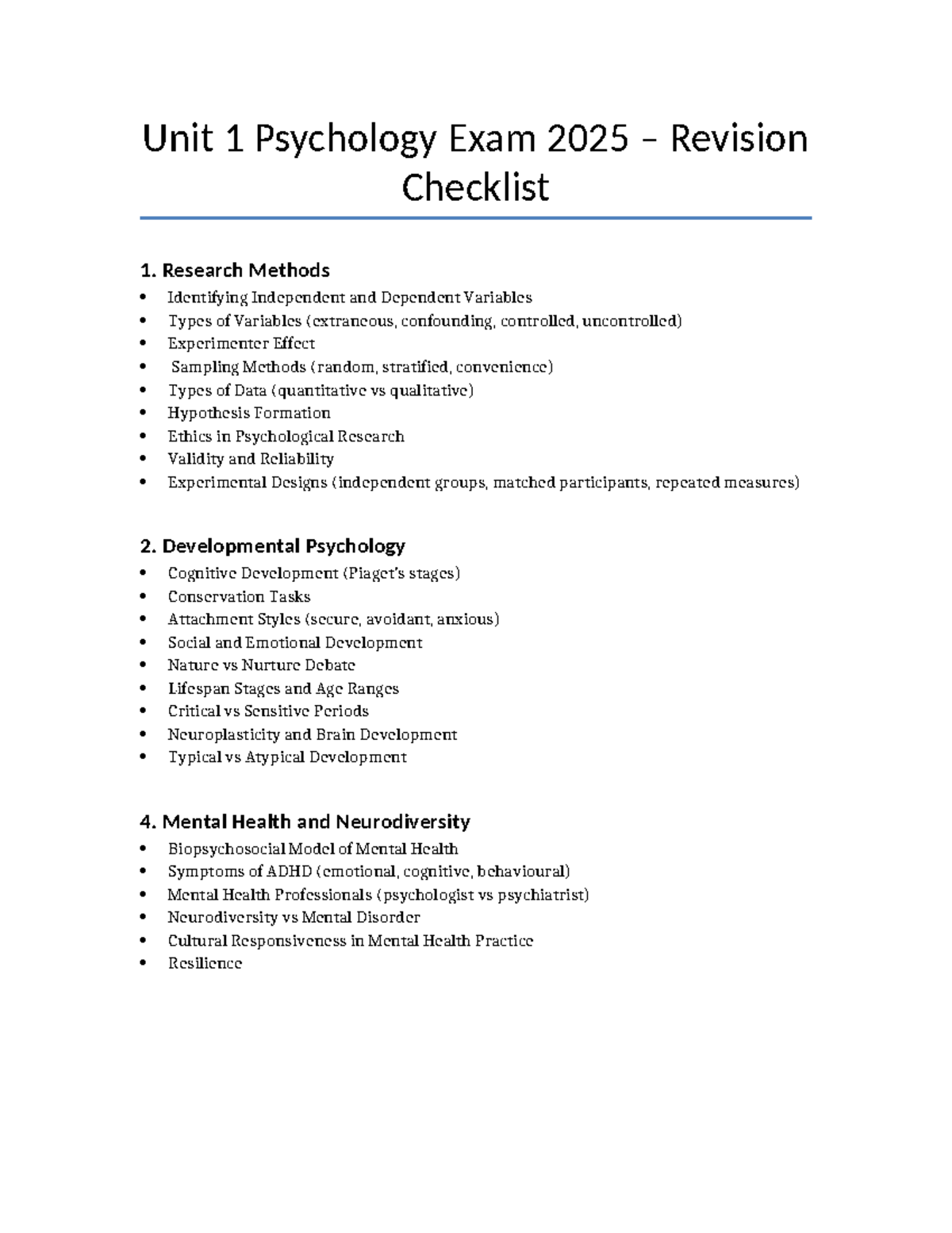 Unit 1 Psychology 2025 Exam Revision Checklist: Key Concepts & Methods ...