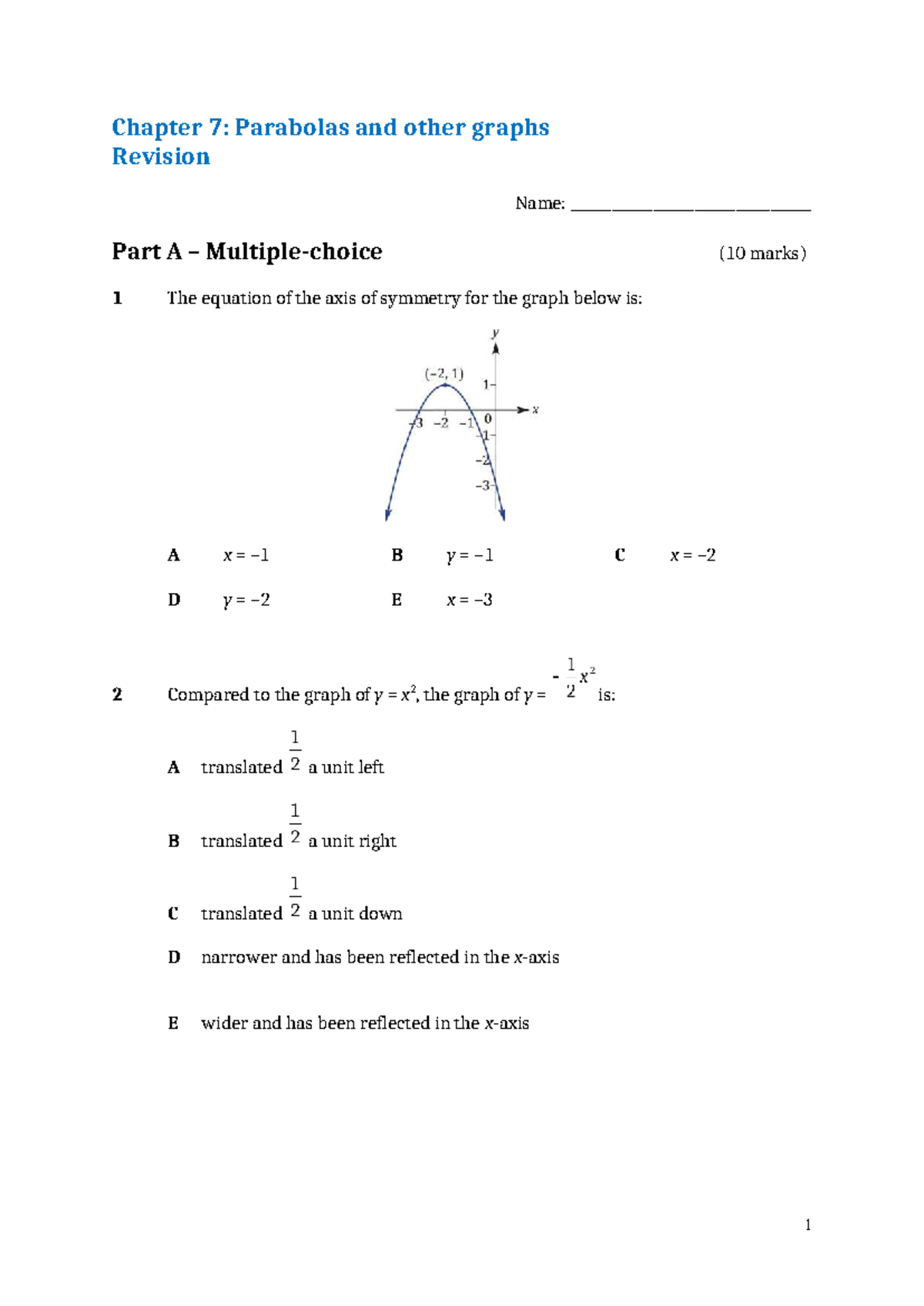 Chapter 7: Parabolas & Graphs Revision - Pre-Methods Study Guide - Studocu