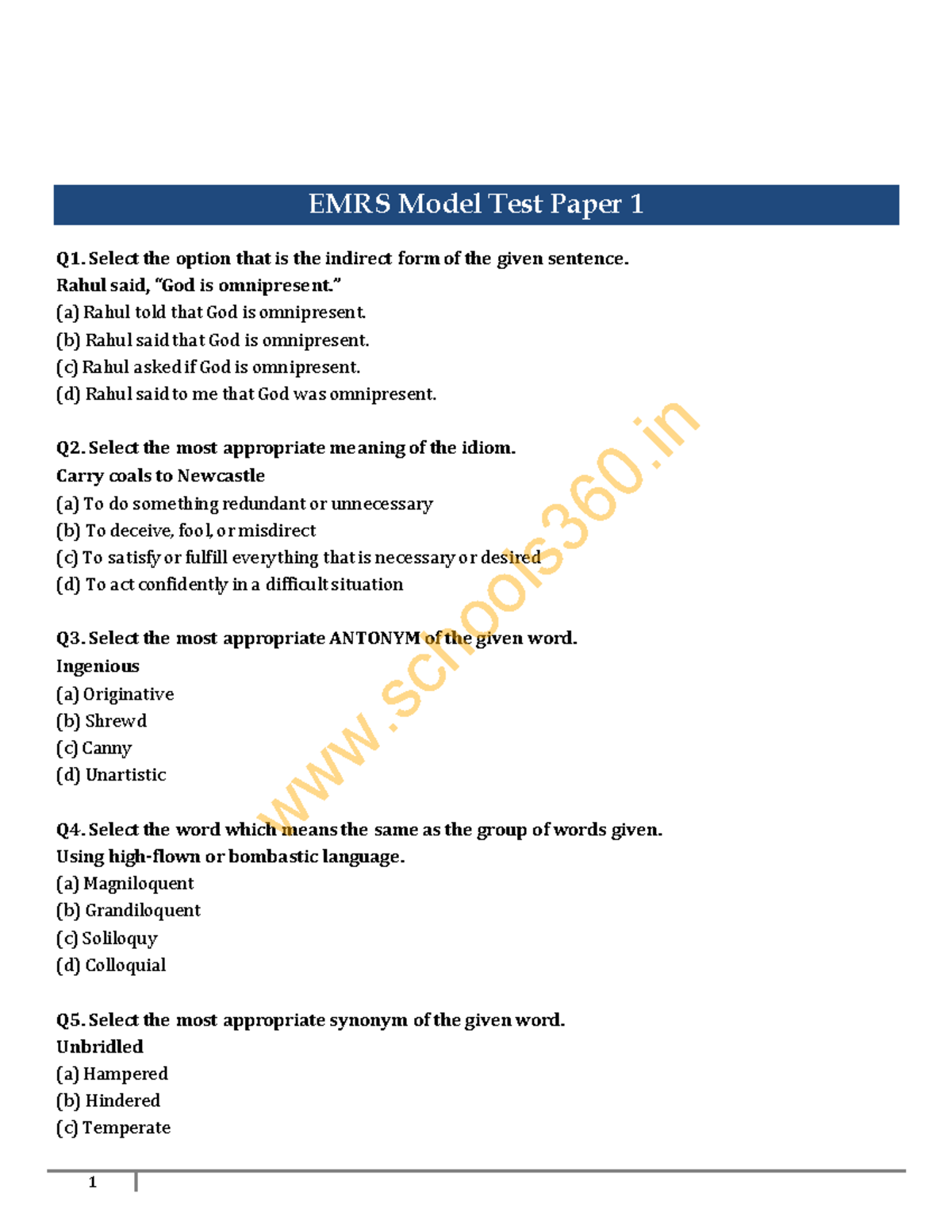 EMRS Model Test Paper 1: English Language Proficiency - Studocu