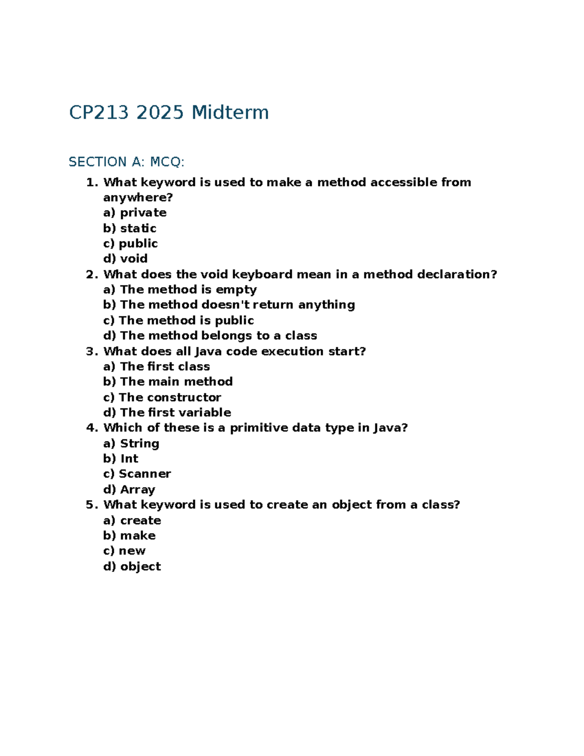 CP213 2025 Midterm Practice Questions and Answers - Studocu