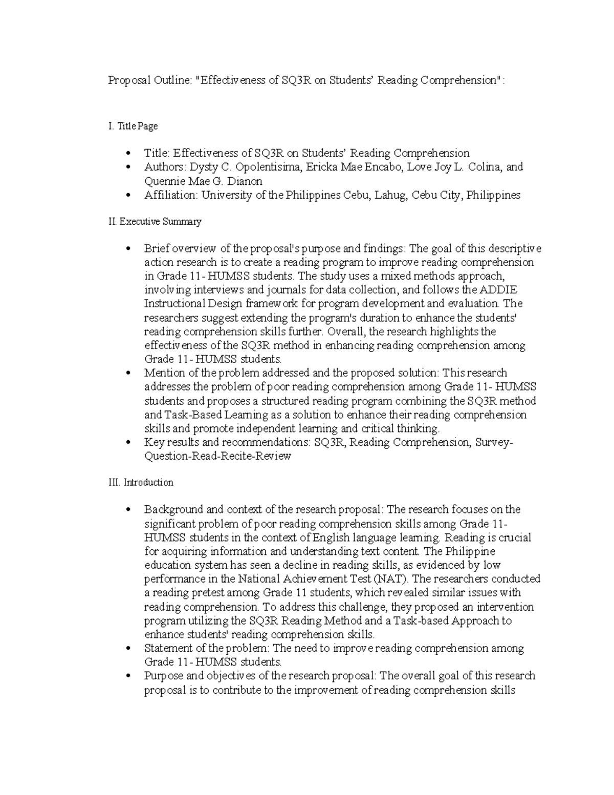 Proposal Outline: Enhancing Reading Comprehension with SQ3R for Grade ...