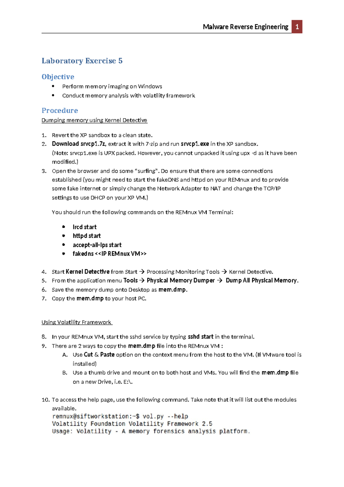 Lab 5 Memory analysis - Malware Reverse Engineering 1 Laboratory Exercise 5 Objective Perform ...