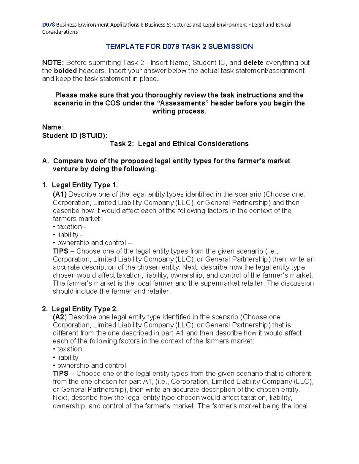D078 Business Environment Task 2: Legal & Ethical Considerations ...