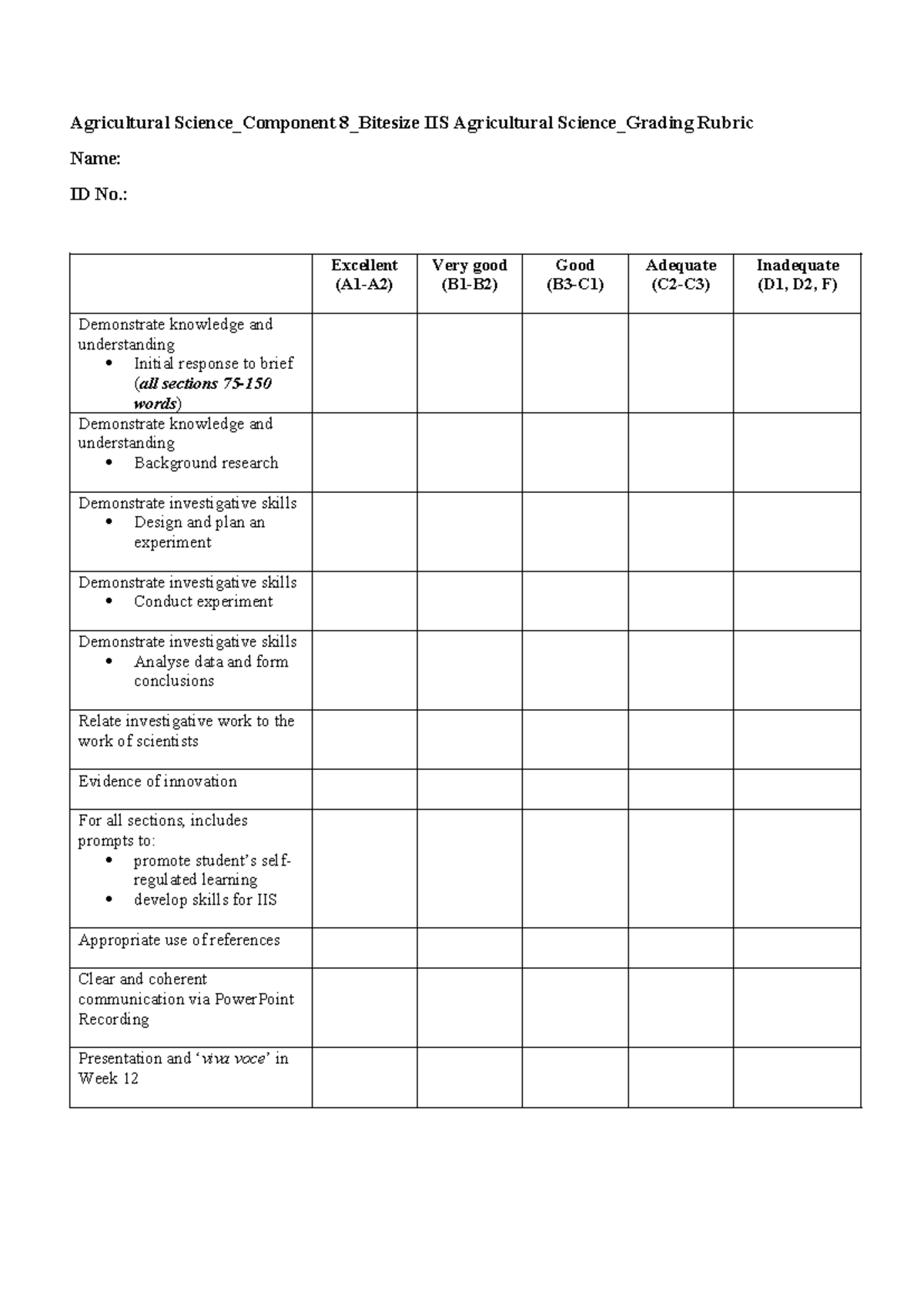 SE4016 Agricultural Science Component 8 Assessment Rubric AY2025 - Studocu