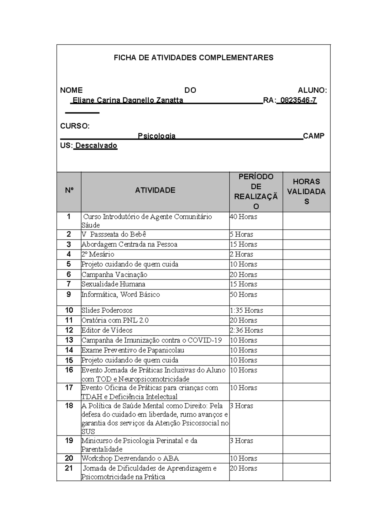 Ficha DE Atividades Complementares - FICHA DE ATIVIDADES COMPLEMENTARES NOME DO ALUNO: Eliane ...