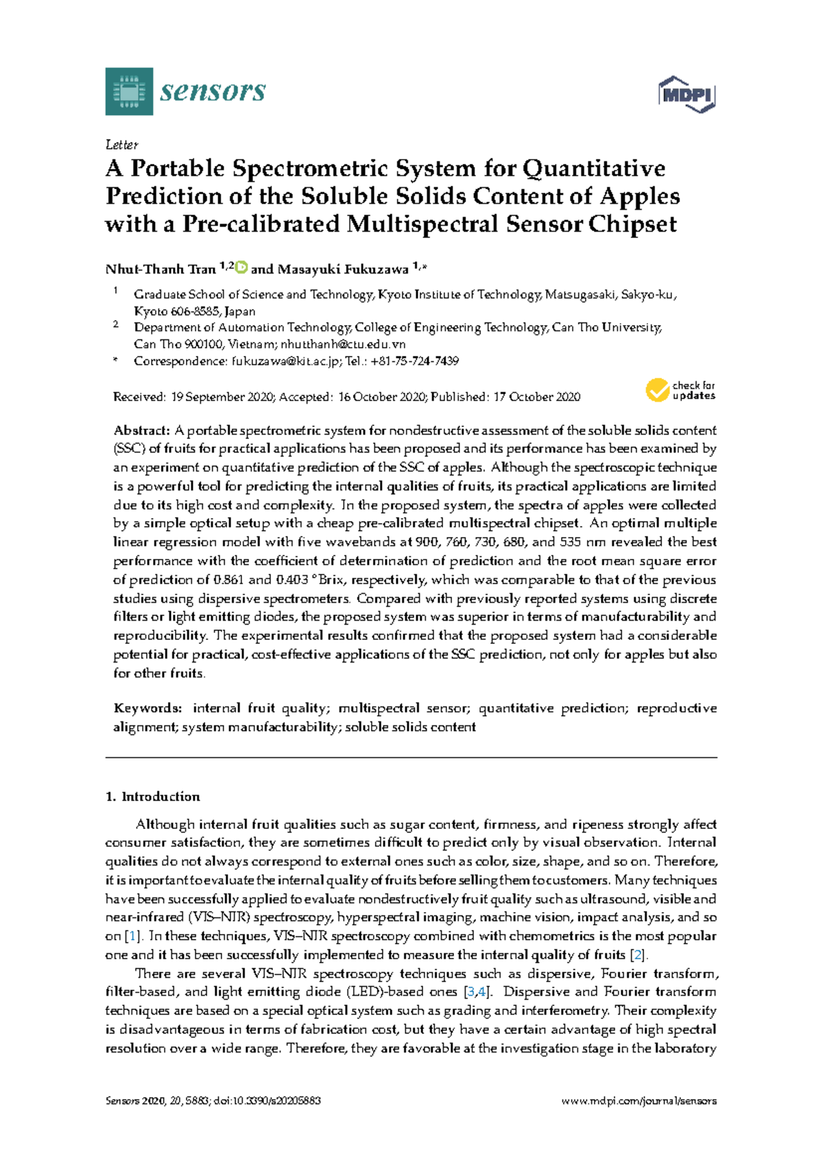 Sensors 20: Portable Spectrometric System for SSC Prediction in Apples ...