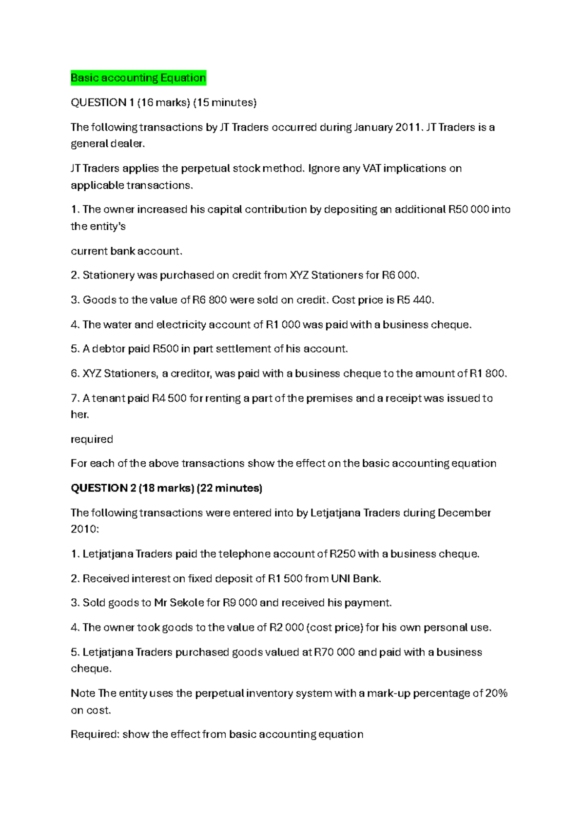 Basic Accounting Equation Practice Questions for ACC101 Exam Prep - Studocu
