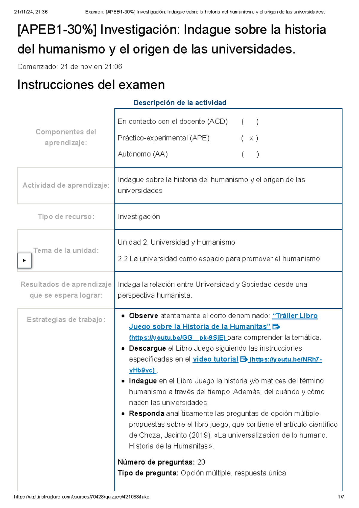 Examen [APEB 1-30%] Investigación Indague sobre la historia del ...
