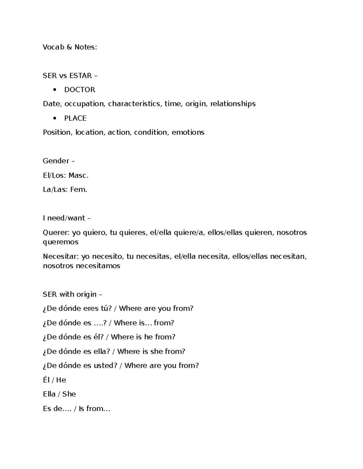 Vocab Notes: SER vs ESTAR for Spanish 101 - Studocu