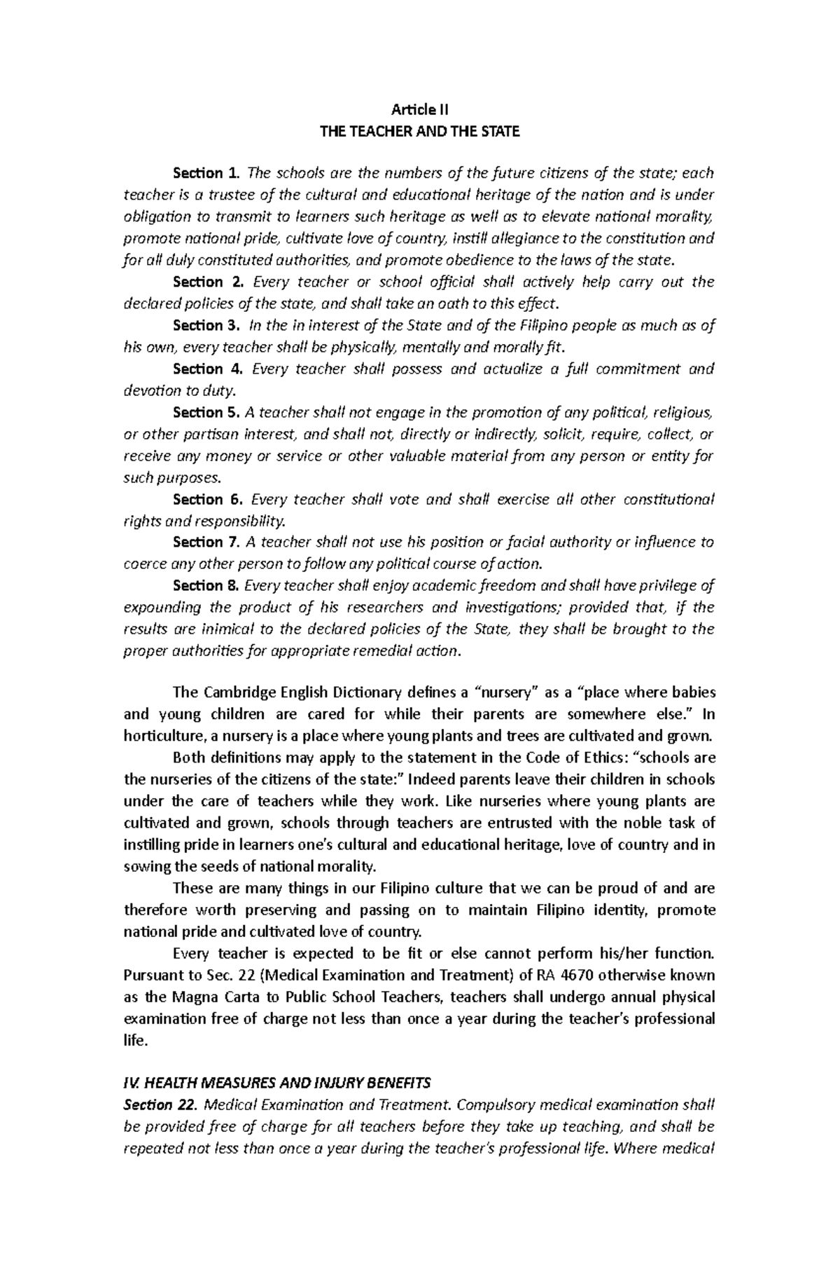 Article II - Teacher Responsibilities and Ethical Standards in ...