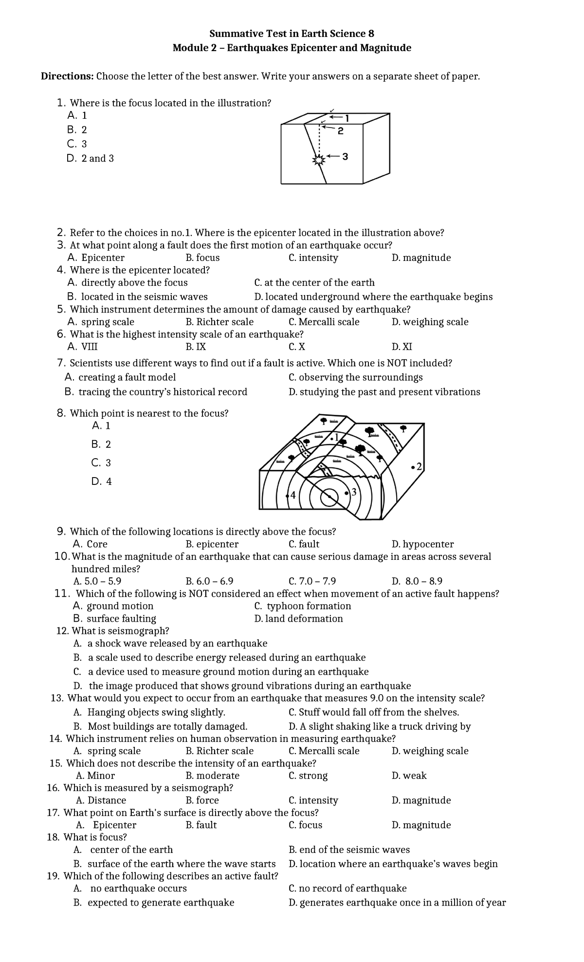 Summative Test - Earth Science 8: Earthquakes Epicenter & Magnitude ...