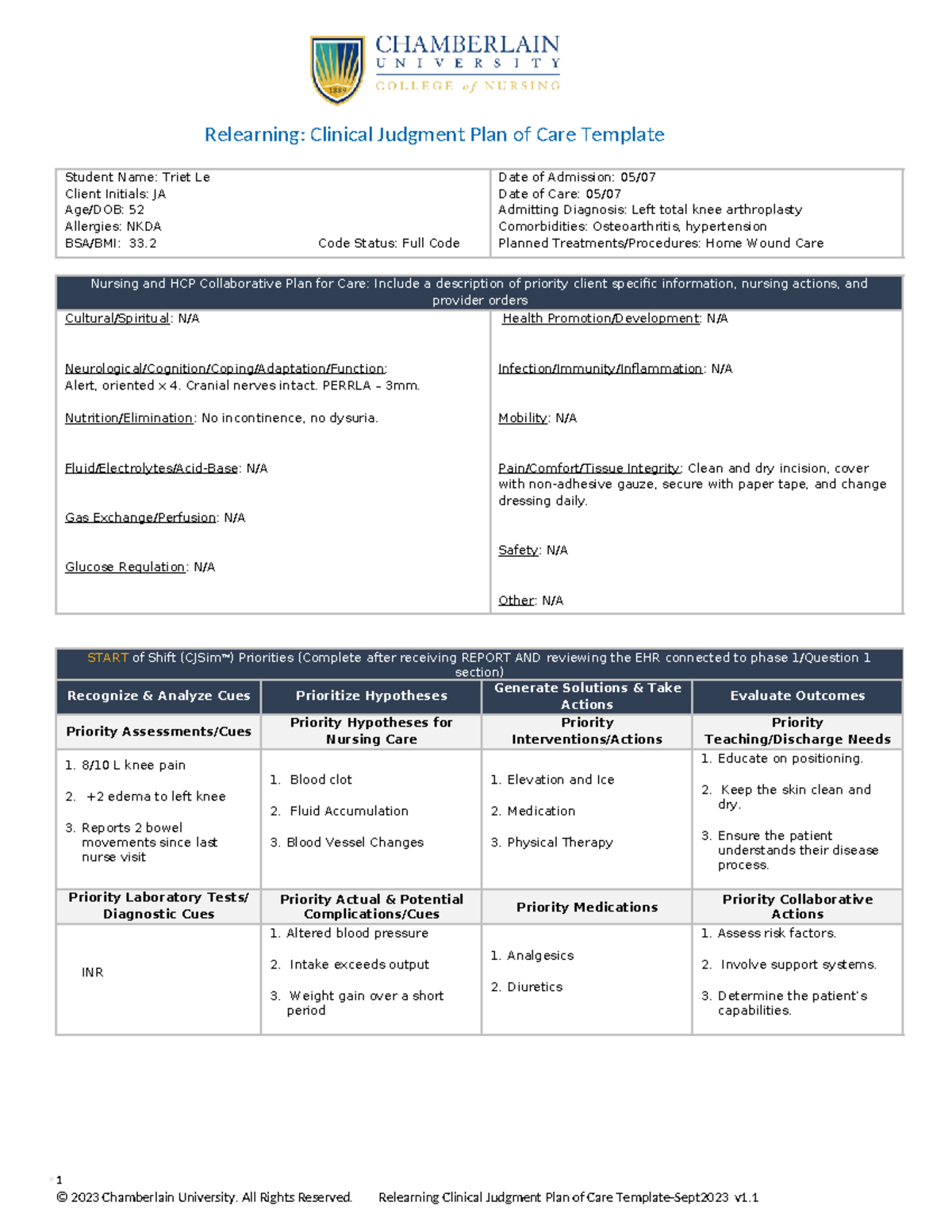 Care Plan for JA - Left Total Knee Arthroplasty (CJE Relearning) - Studocu