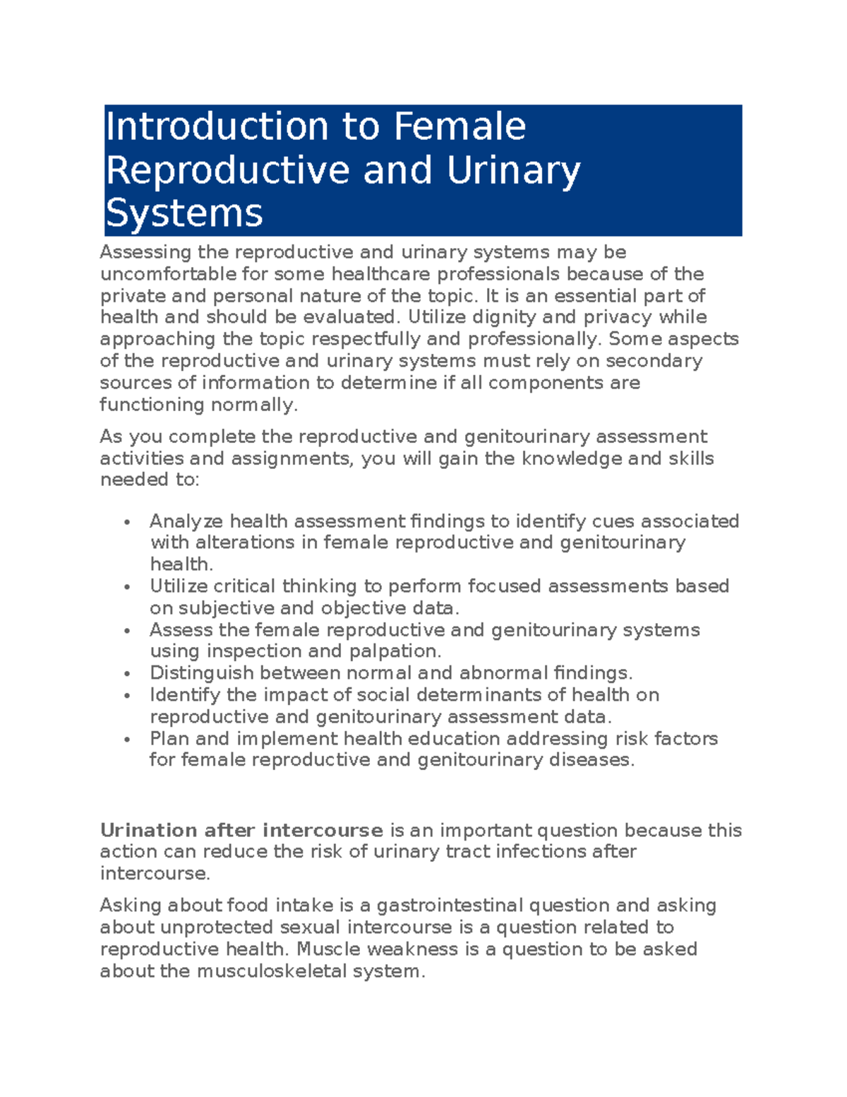 EDAPTS Female Reproductive & Urinary Systems Assessment Guide - Studocu