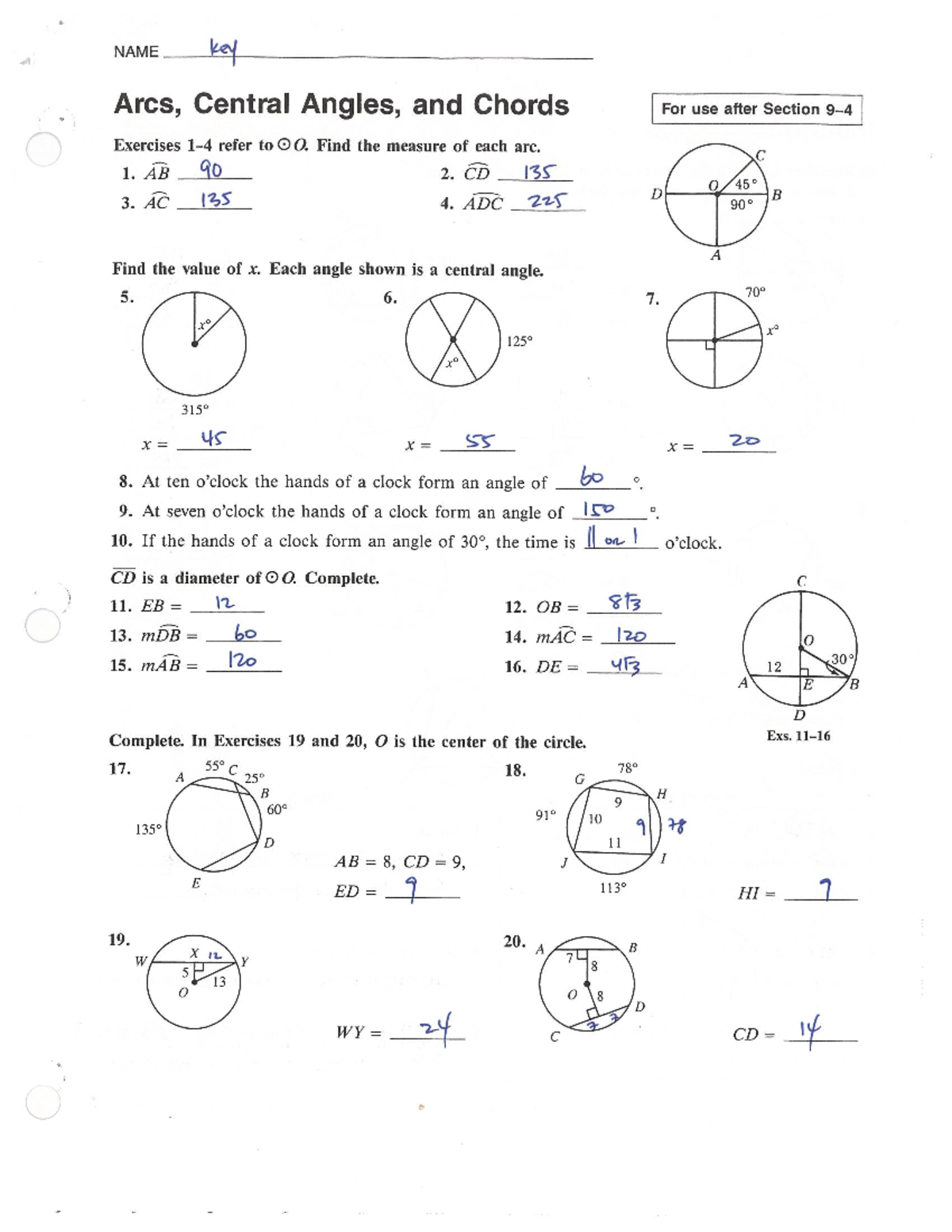 NAME Key: Arcs, Central Angles, and Chords - Section Exercises (9 ...