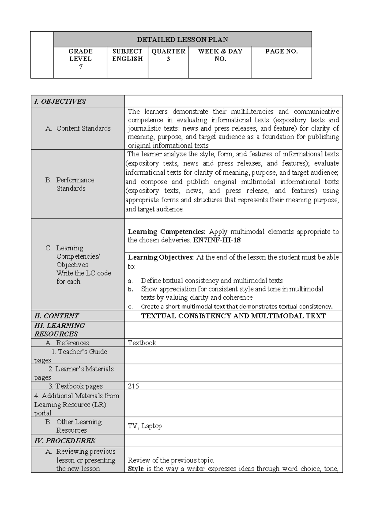 DLP-ENG-7: Lesson Plan on Textual Consistency & Multimodal Texts - Studocu