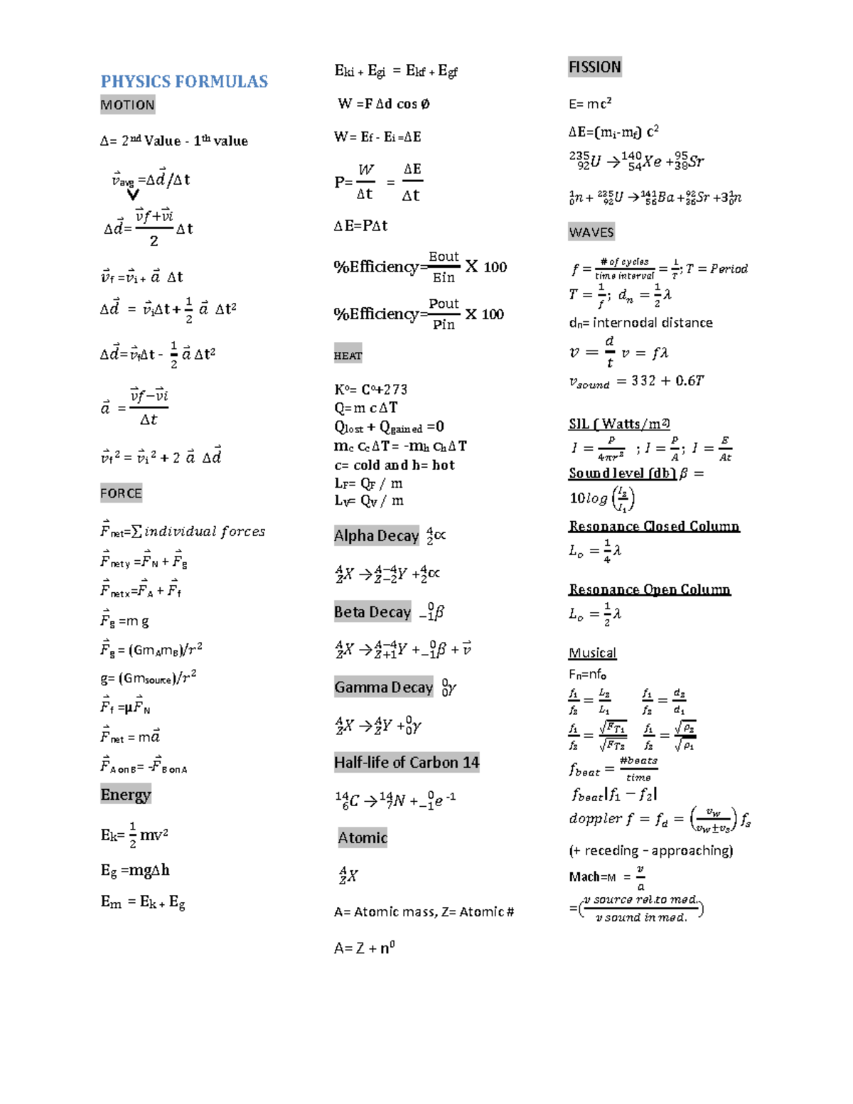 Final Formula Sheet for Physics (PHYS 101) - Studocu